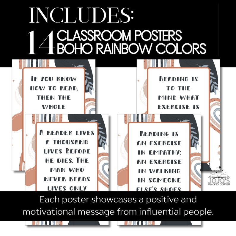 Motivational Classroom Posters | Boho Rainbow Reading Classroom Decor ...