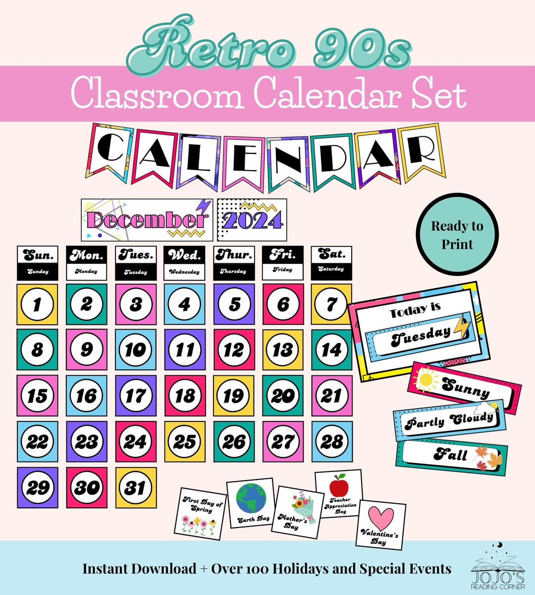 Classroom Calendar Display | Pocket Chart Calendar Cards | Retro 90 ...