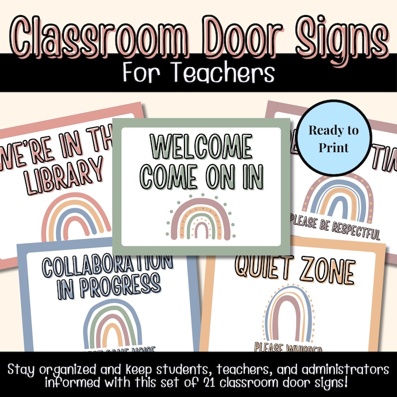Printable Classroom Door Signs for Teachers | Boho Rainbow Printable ...