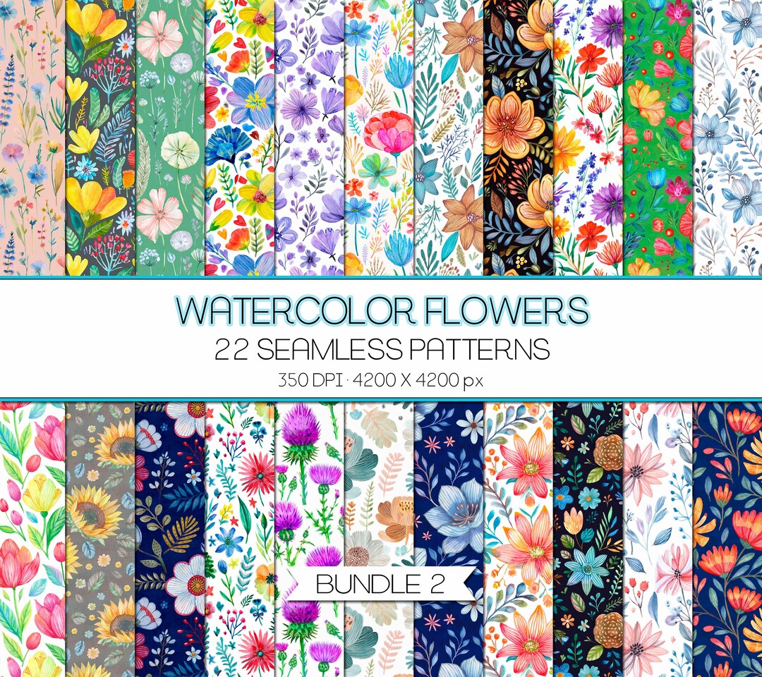 Watercolor Flowers Seamless Patterns Sublimation Designs Digital ...