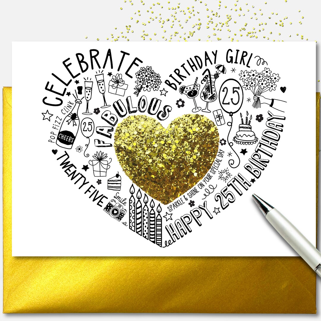 25TH BIRTHDAY CARD - 25TH Gold Sparkle Card for Daughter, Sister ...