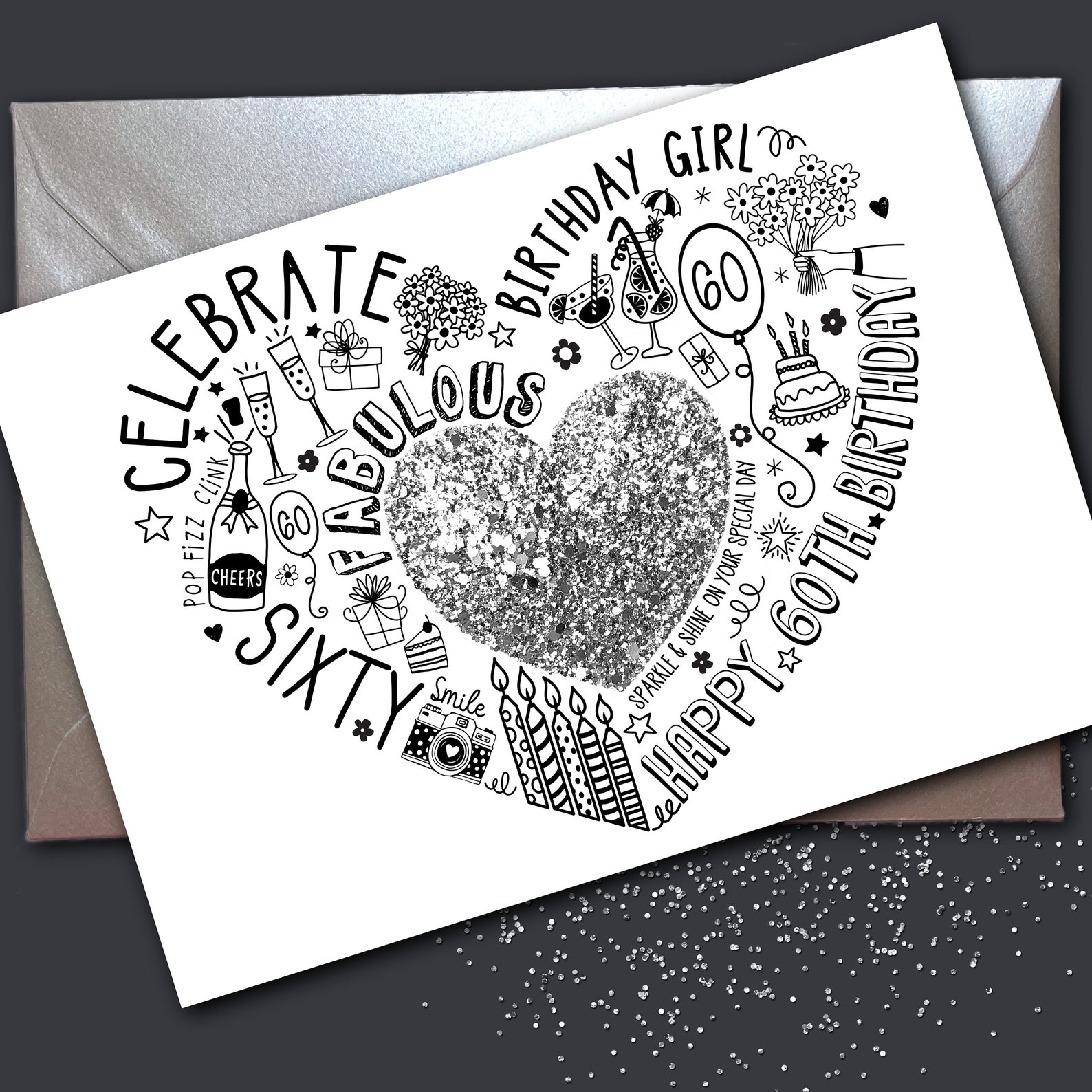 60TH BIRTHDAY CARD - 60TH Silver Sparkle Card for Wife, Mum, Sister ...