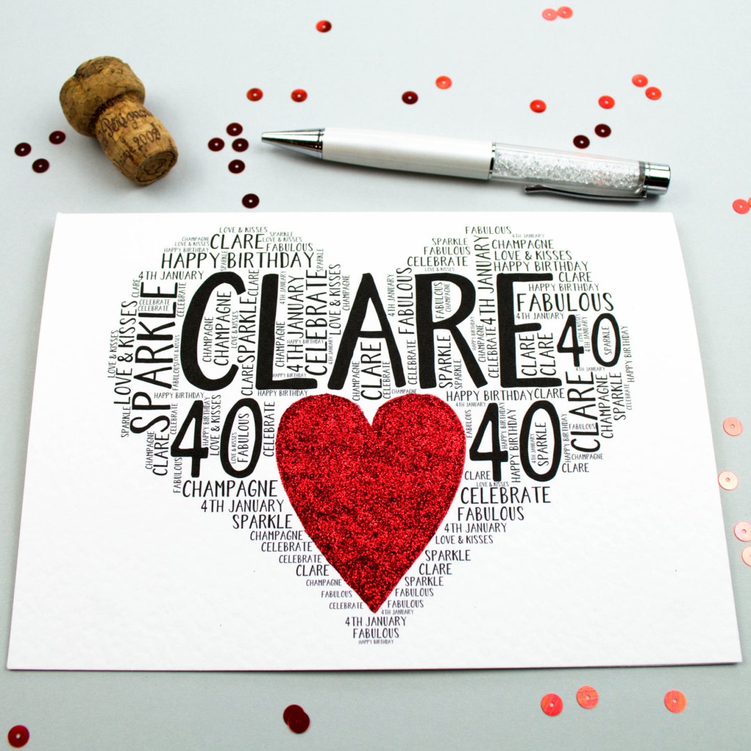 40th Birthday Heart Sparkle Personalised Card - Etsy