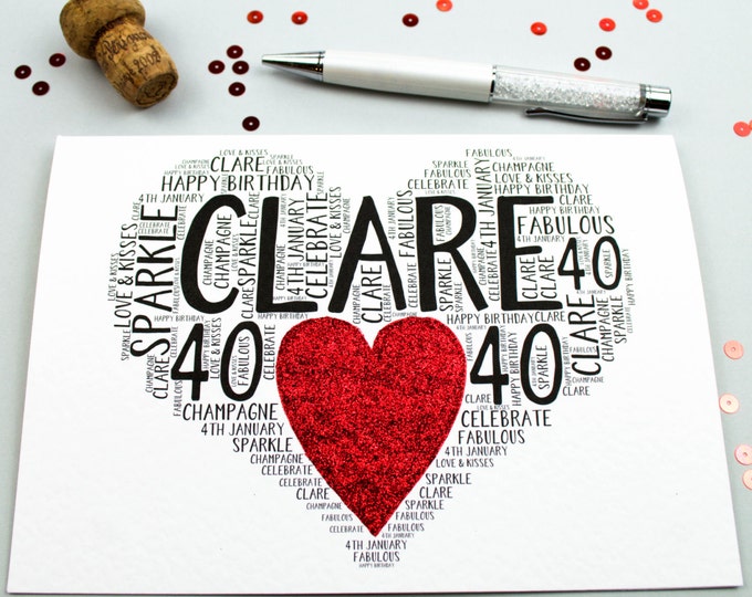 40th Birthday Heart Sparkle Personalised Card - Etsy