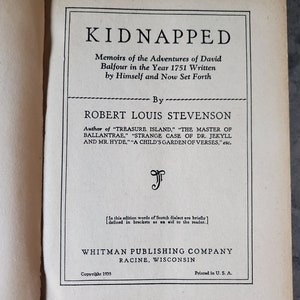 Vintage KIDNAPPED by Robert Louis Stevenson, Copyright 1935, Whitman ...