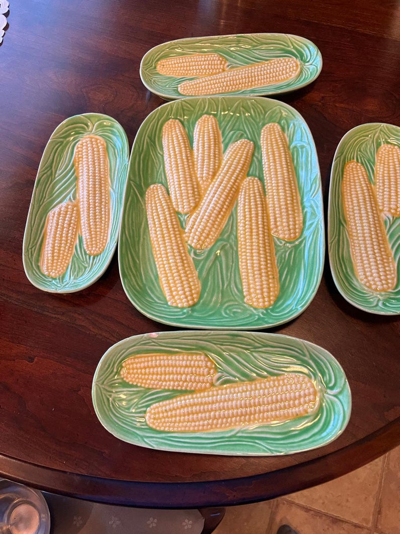 Majolica Ceramic Corn Platter and 4 Individual Plate Circa 1930 Signed ...