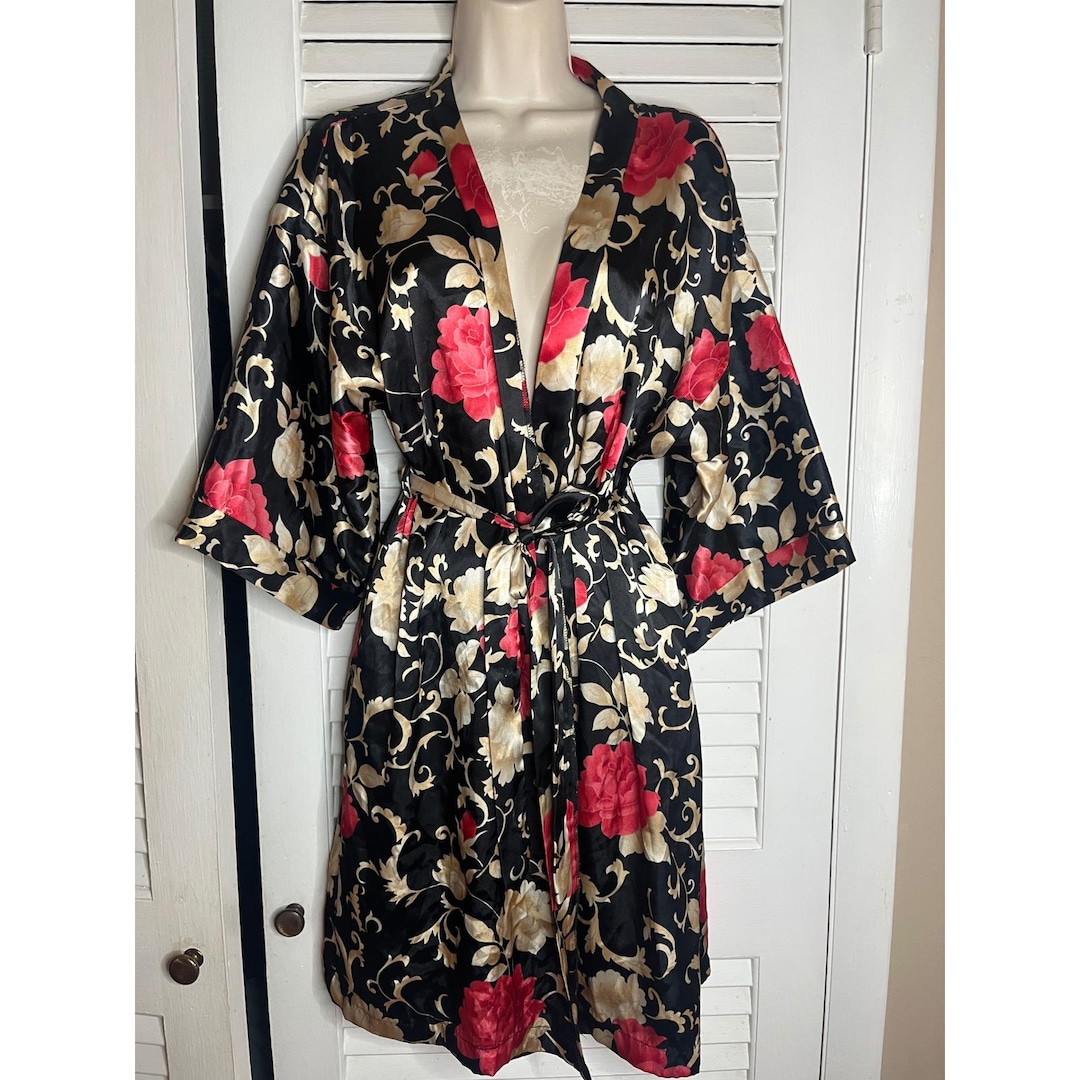 Vintage Inner Most Satin Floral Robe Kimono Style Medium Black Red Gold ...