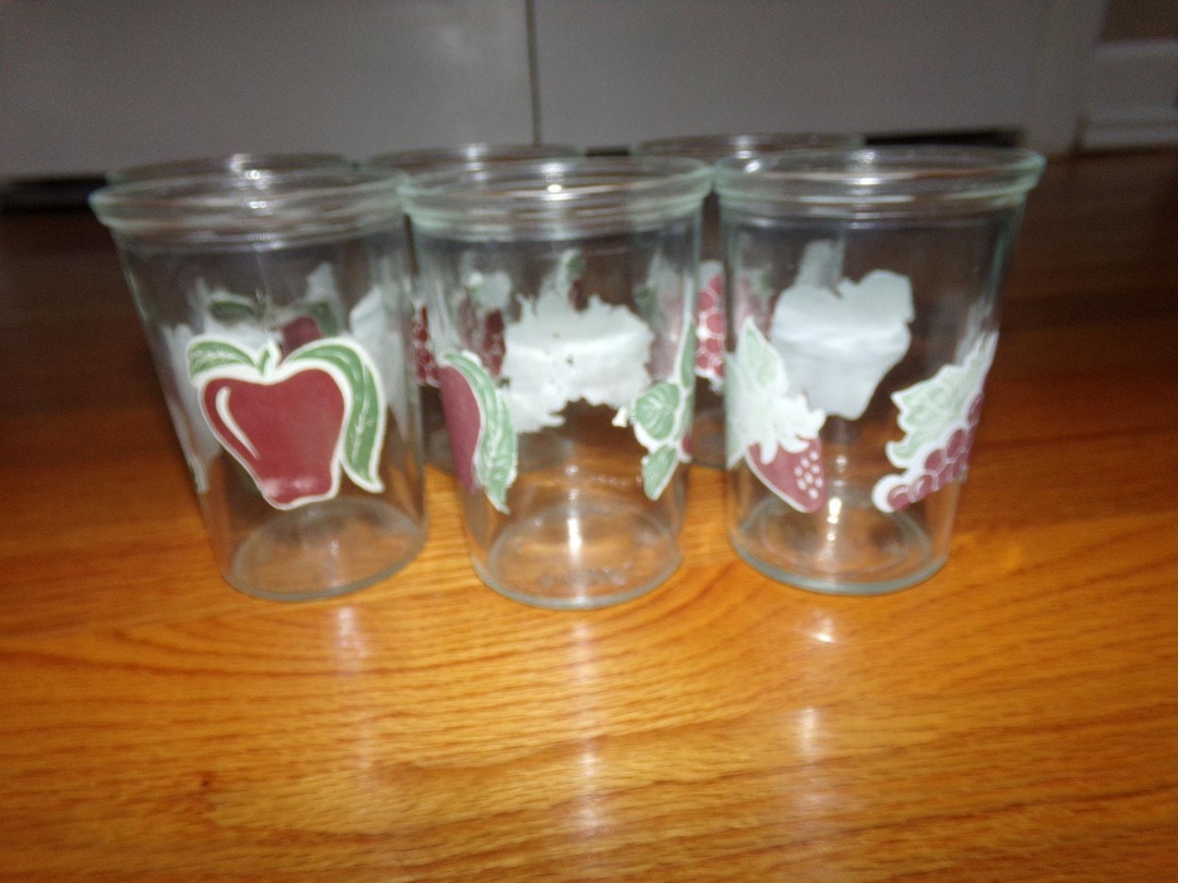 Set of 6 Vintage BAMA Jelly Jar 4" Glass W Pics of Grapes Strawberry ...