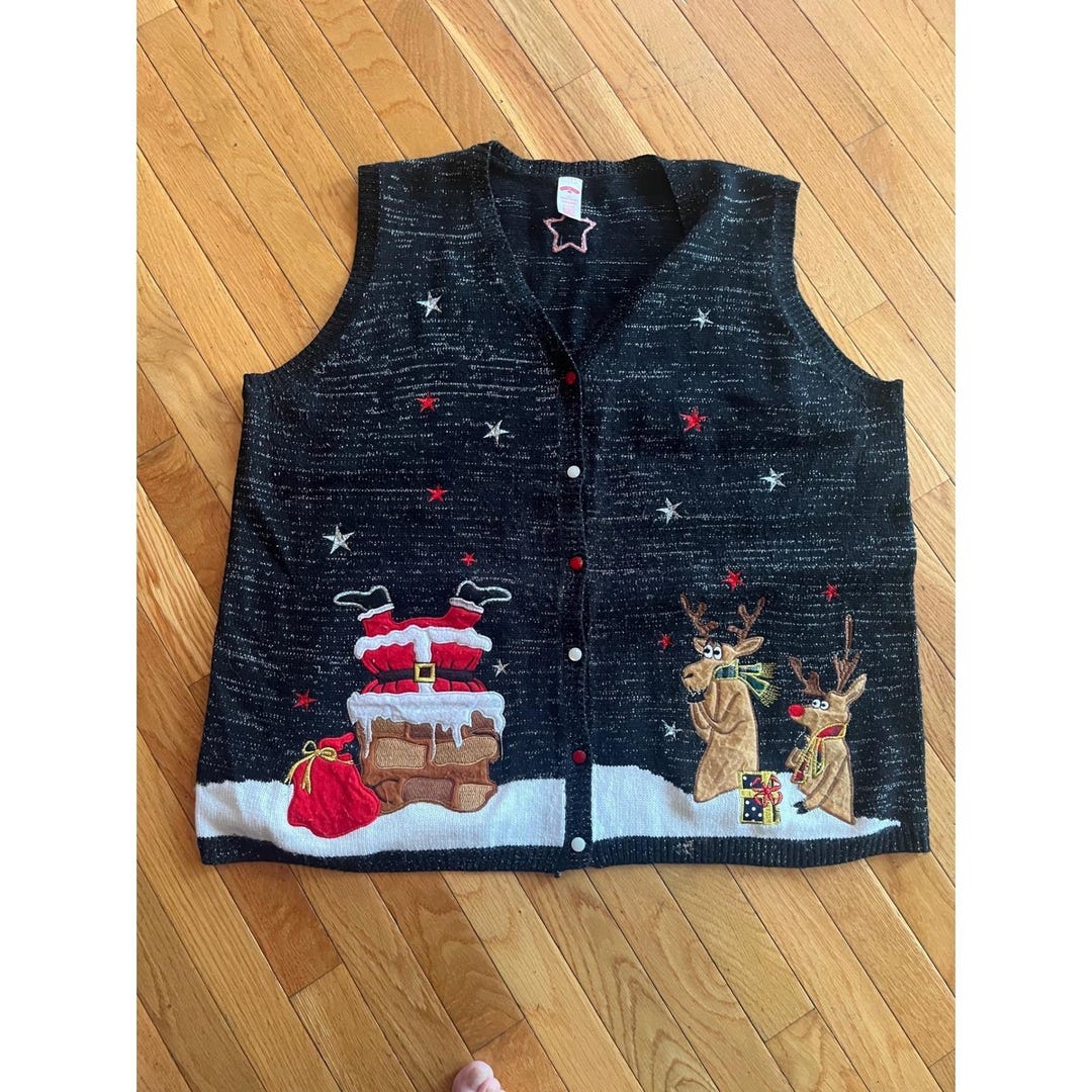 Vintage Ugly Christmas Vest Santa Stuck in Chimney Reindeer Holiday ...