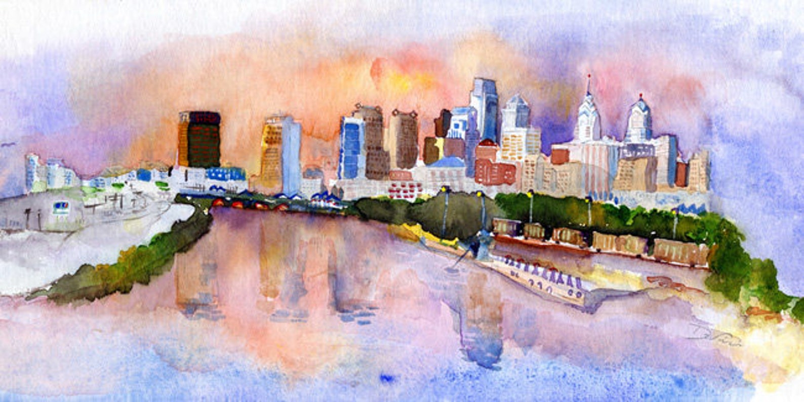 Philadelphia Skyline Watercolor Philly Skyline Wall Art | Etsy