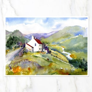 North Wales Abstract Painting, Farmhouse Watercolor Landscape, Welsh ...