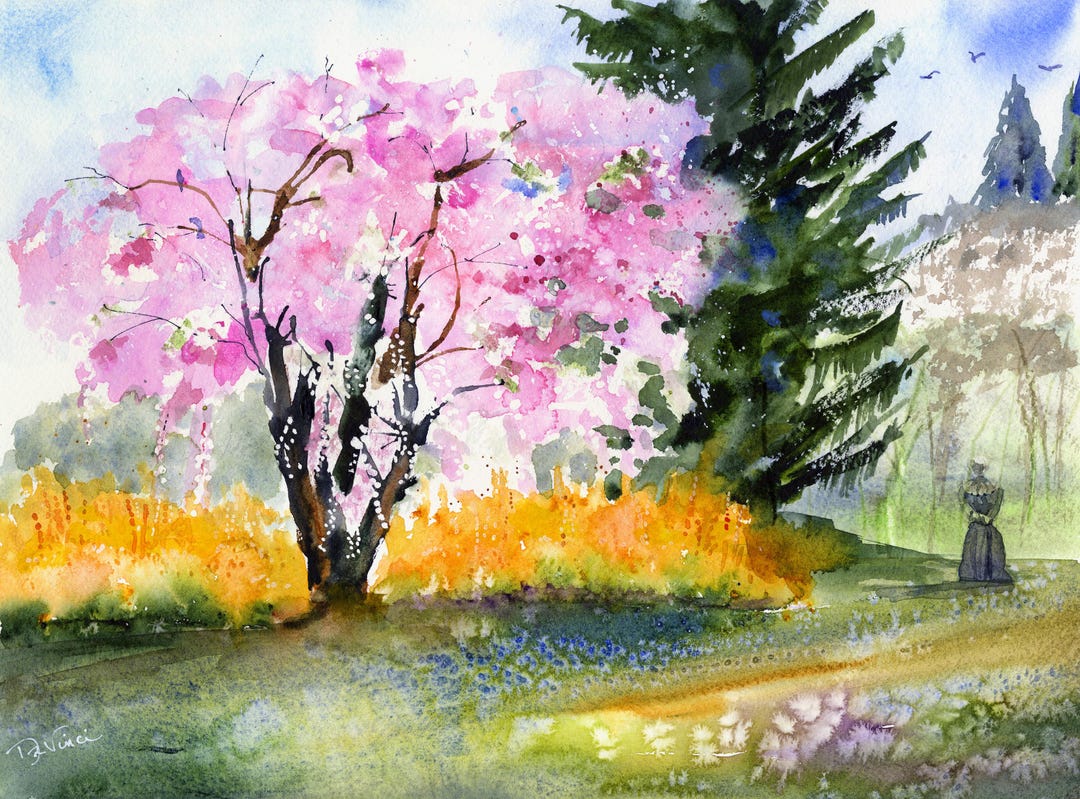 Cherry Trees Watercolor Print, Morris Arboretum Philadelphia Art - Etsy