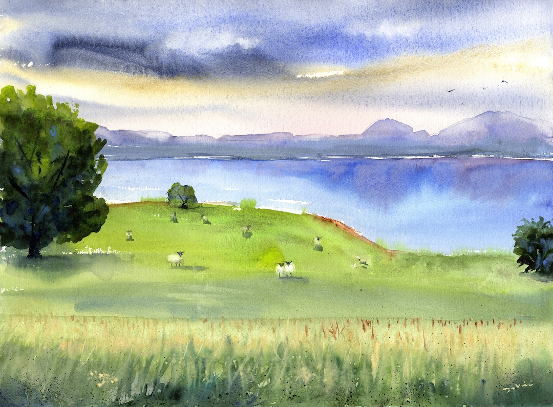 New Zealand Watercolor Sheep Art Print Landscape Wall Art Prints ...