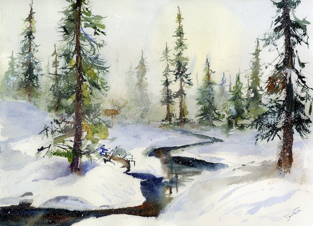 Abstract Winter Watercolor Landscape Prints of Snowy Winter Woods Wall ...