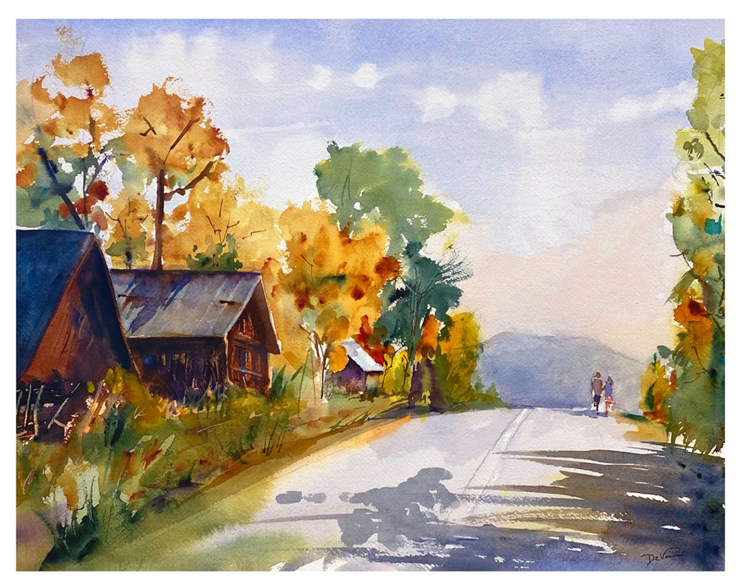 Fall Landscape Watercolor, Fall Foliage Landscape, Abstract Farm Prints ...