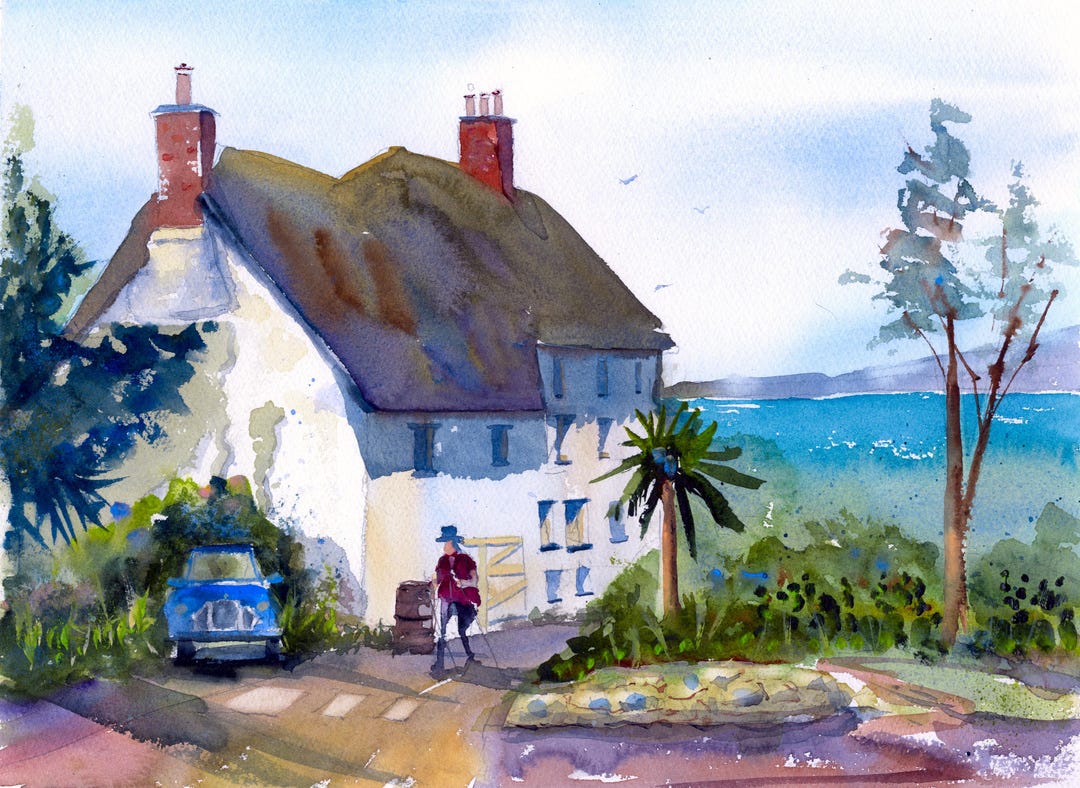 Cornwall Thatched Cottage Watercolor Print: English Coastal Landscape ...