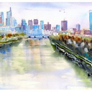 Philadelphia Skyline Wall Art, Philly Landscape Watercolor, Abstract ...