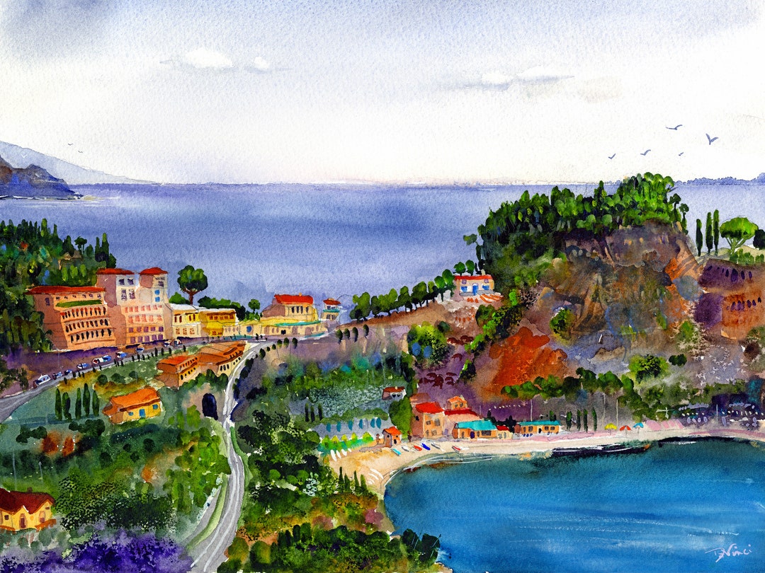 Taormina Sicily, Isola Bella, Watercolor Print of Sicily, Sicilian Art ...