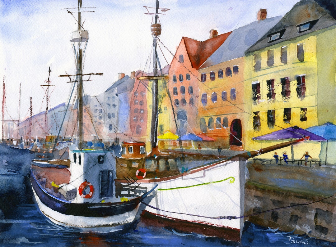 Copenhagen Watercolor, Nyhavn Denmark, New Harbor, Nautical Landscapes ...