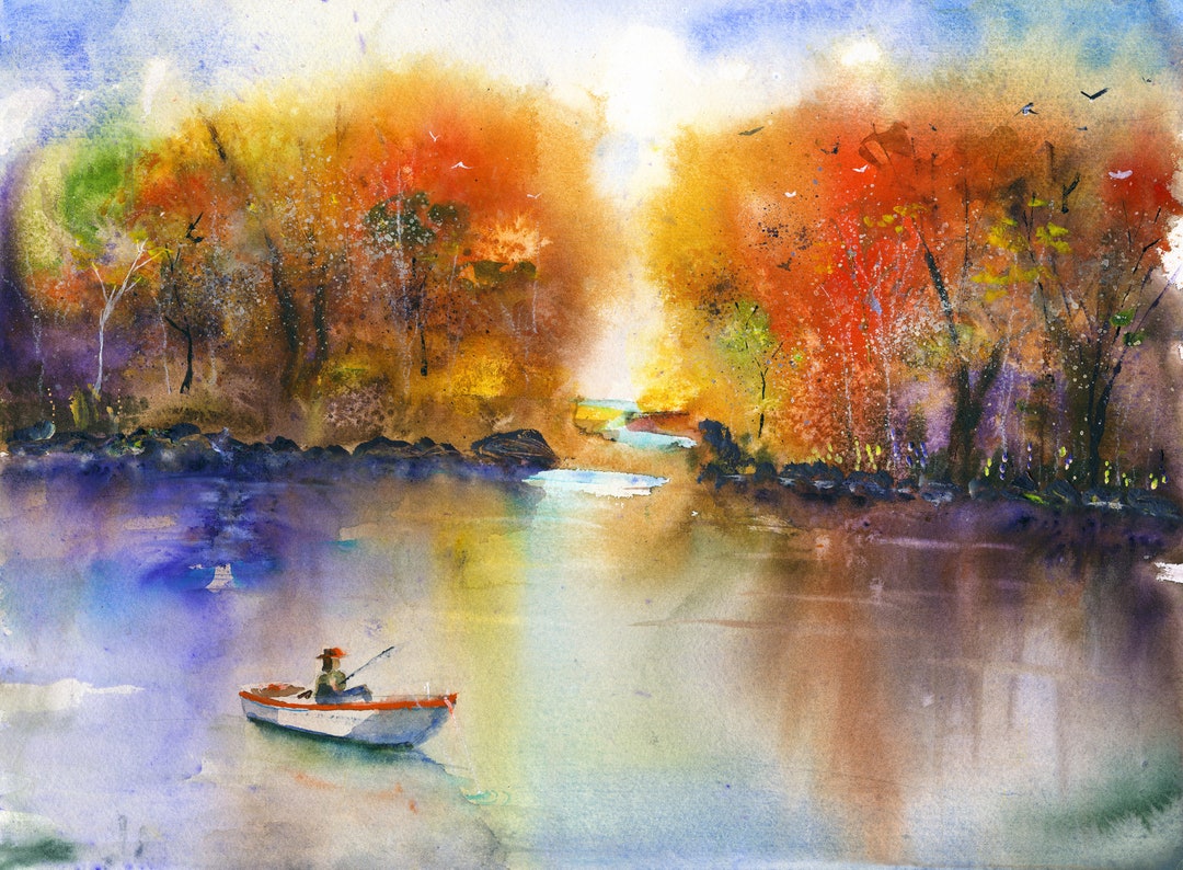 Autumn Art Print, Watercolor Fall Leaves Abstract Trees, Fall Landscape ...