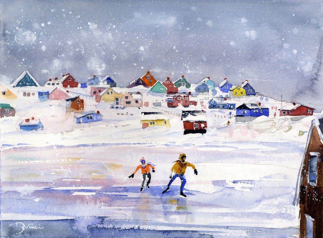 Snow Scene, Skaters on Pond, Watercolor Abstract Painting, Snowy Winter ...