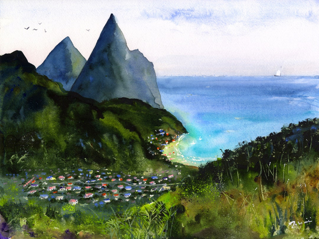 Saint Lucia Pitons Watercolor Print, Caribbean Island Wall Art - Etsy
