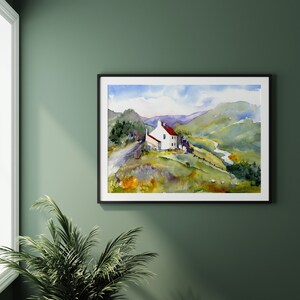 North Wales Abstract Painting, Farmhouse Watercolor Landscape, Welsh ...