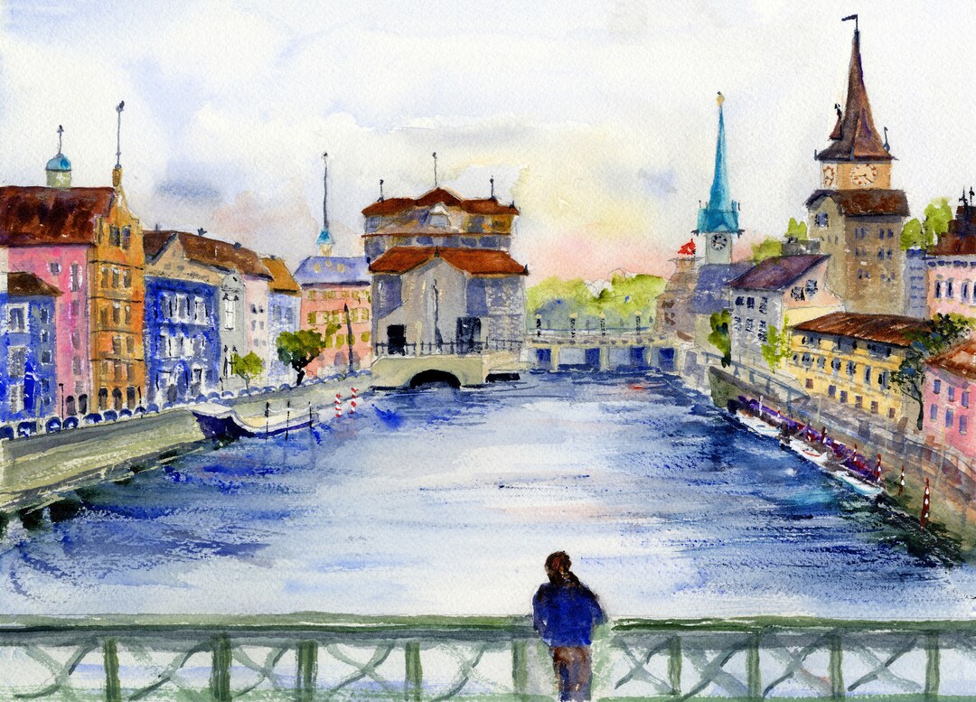 Zurich Switzerland - Watercolor Landscape - the Limmat River Zurich ...