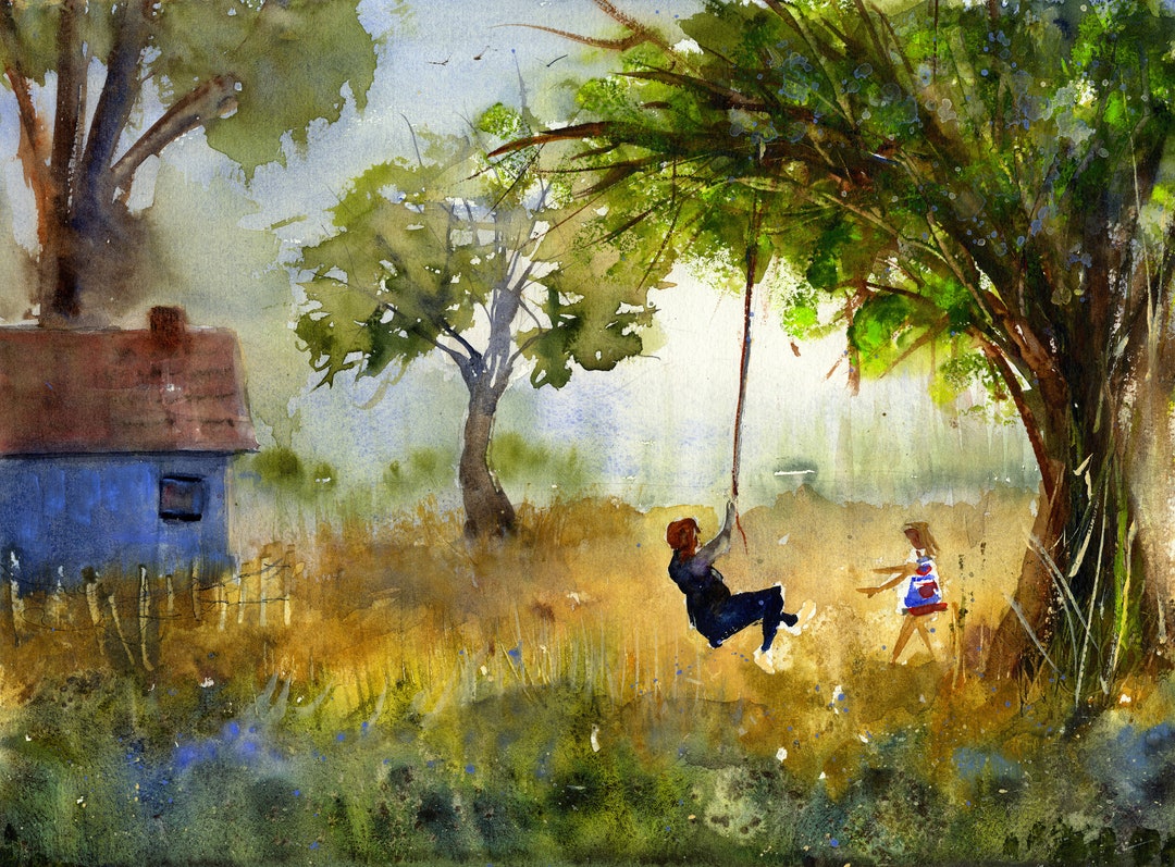 Children Playing Summer Landscape Watercolor Painting Abstract Home ...