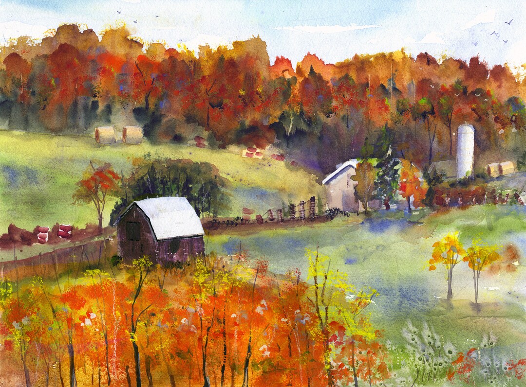 Autumn Art Print, Watercolor Fall Leaves Abstract Trees, Fall Landscape ...