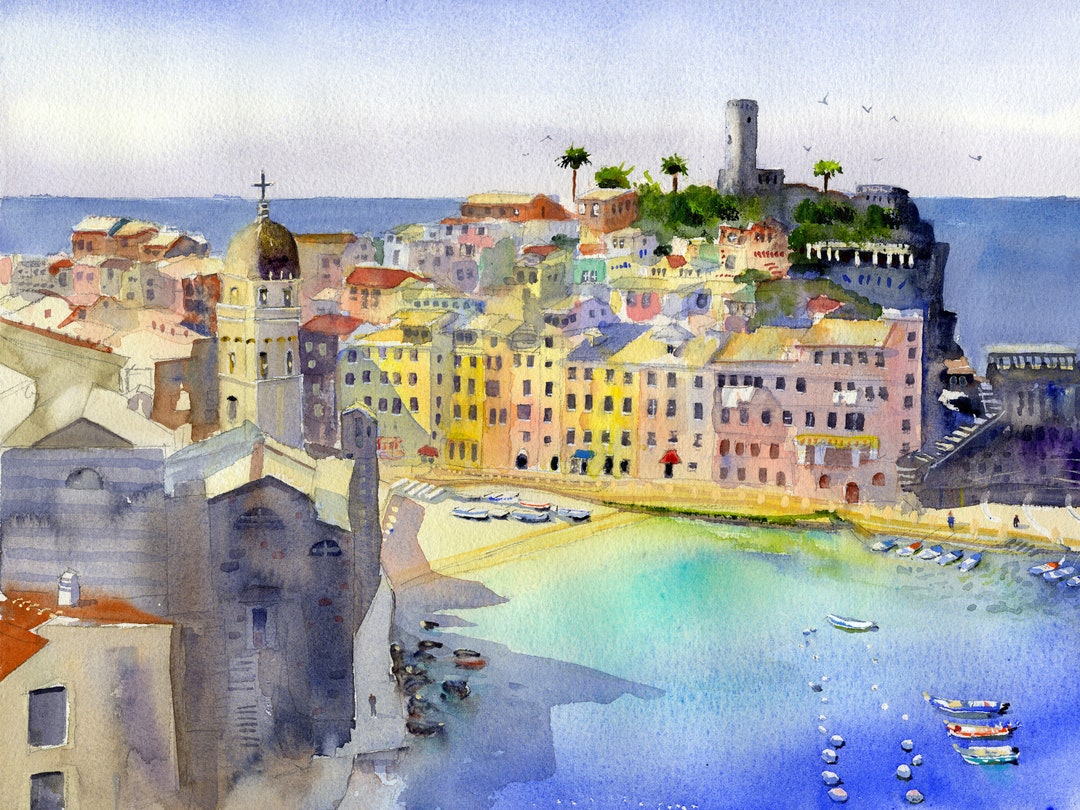 CINQUE TERRE Italy Watercolor Vernazza Cinque Terre Wall Art Home Decor Prints of Vernazza Art ...