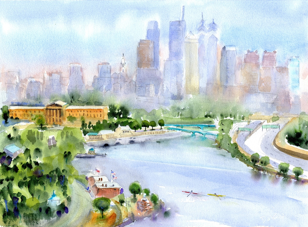 Philadelphia Skyline With Waterworks Philly Prints Watercolor Abstract ...