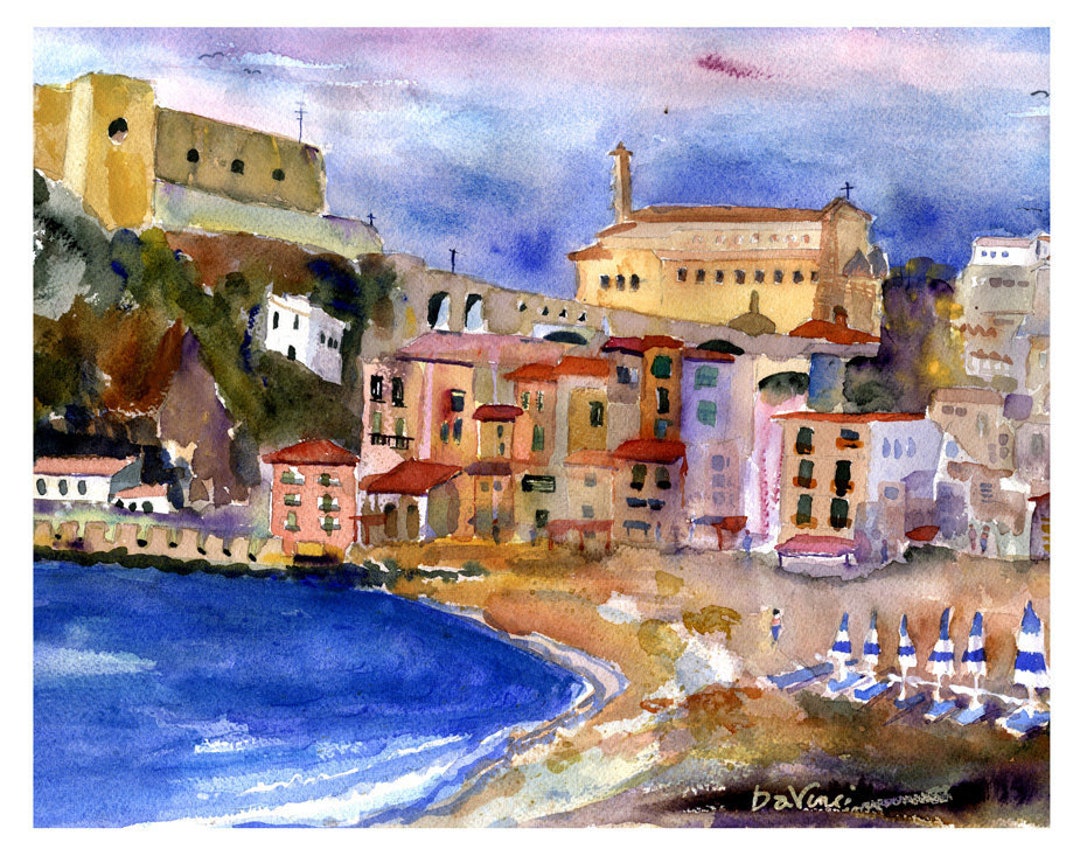 CALABRIA Scilla Beach Watercolor, Italy Cliff Houses, Italian Beaches ...