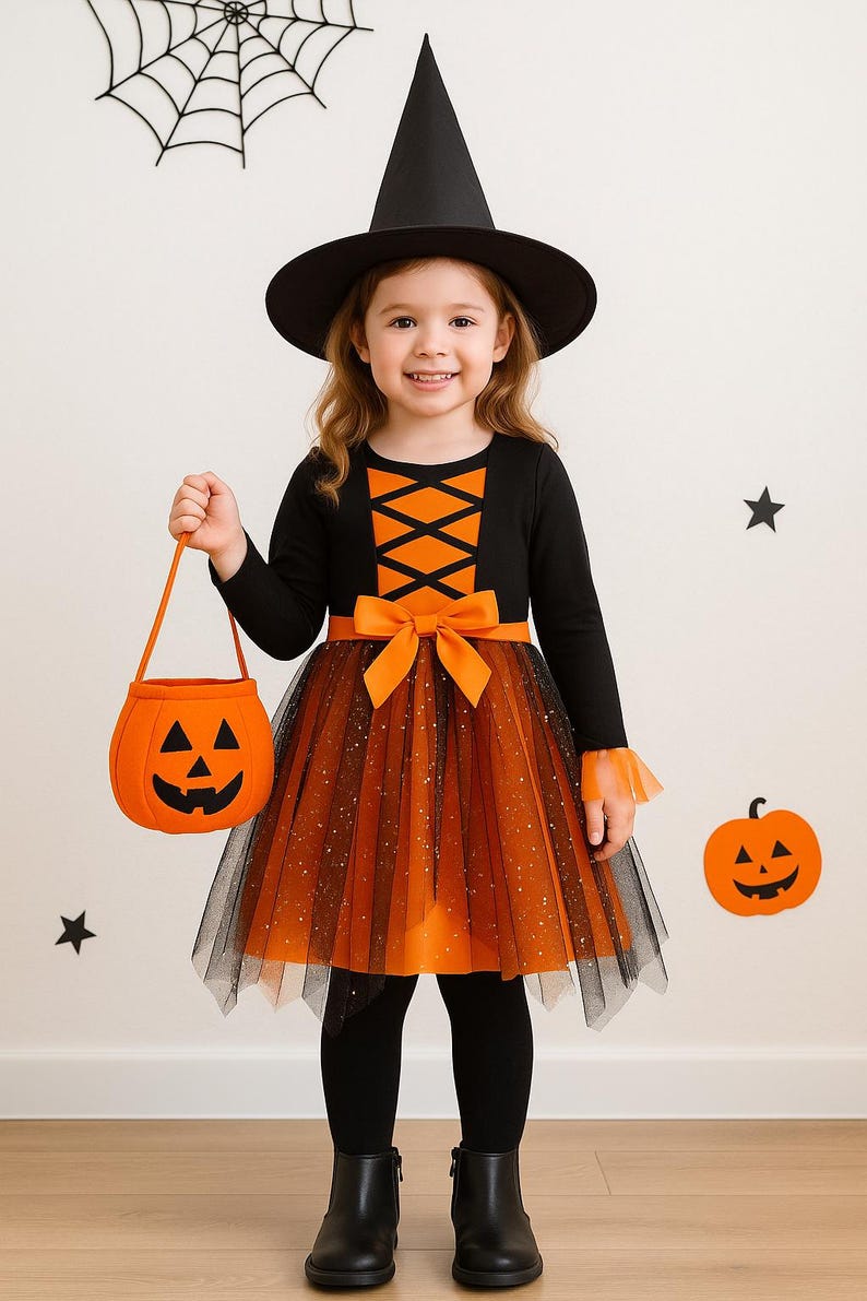 Witch Costume Sewing Pattern PDF: Kids Dress, Hat & Pumpkin Bag (3-8 ...