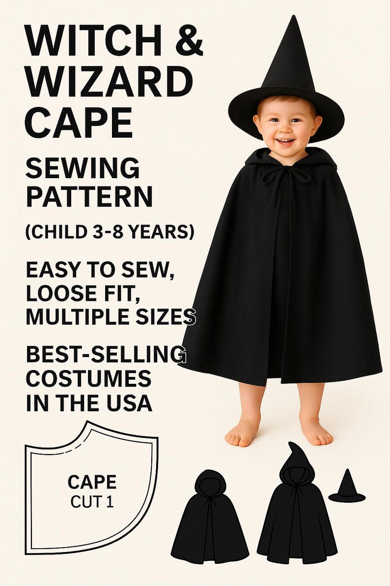 Witch & Wizard Cape Sewing Pattern | Kids Halloween Cloak | 3–8 Years ...