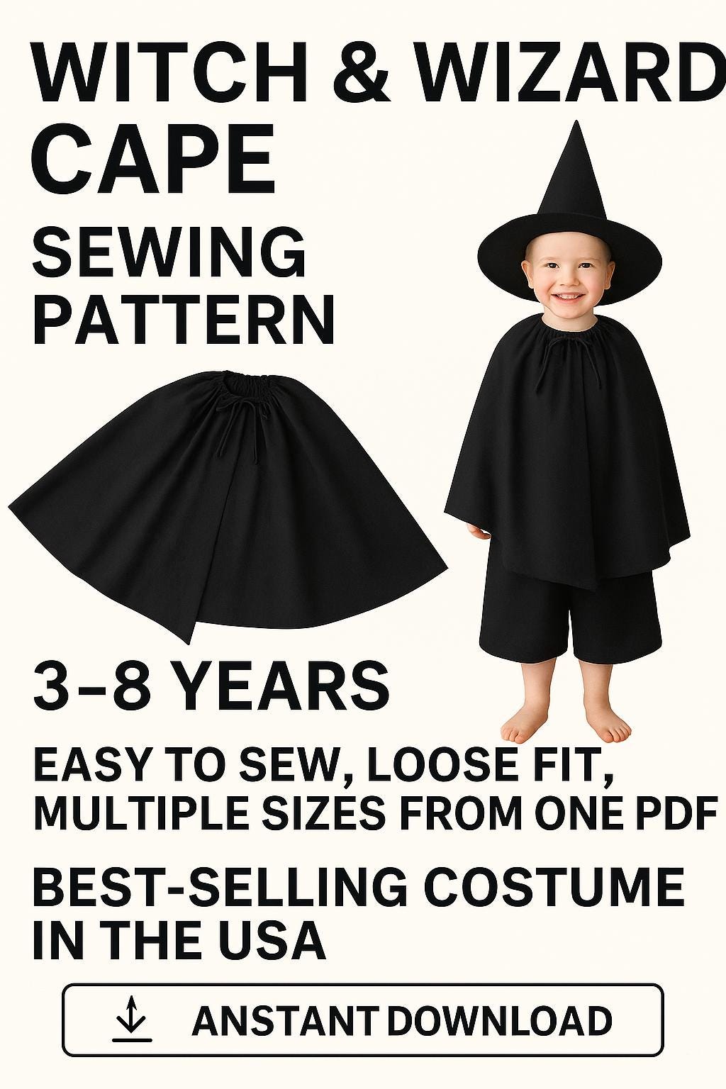 Witch & Wizard Cape Sewing Pattern | Kids Halloween Cloak | 3–8 Years ...