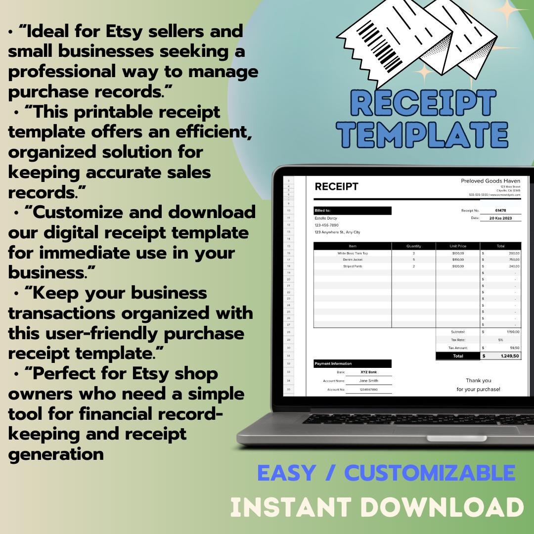 Customizable Digital Receipt Template for Small Businesses - Etsy