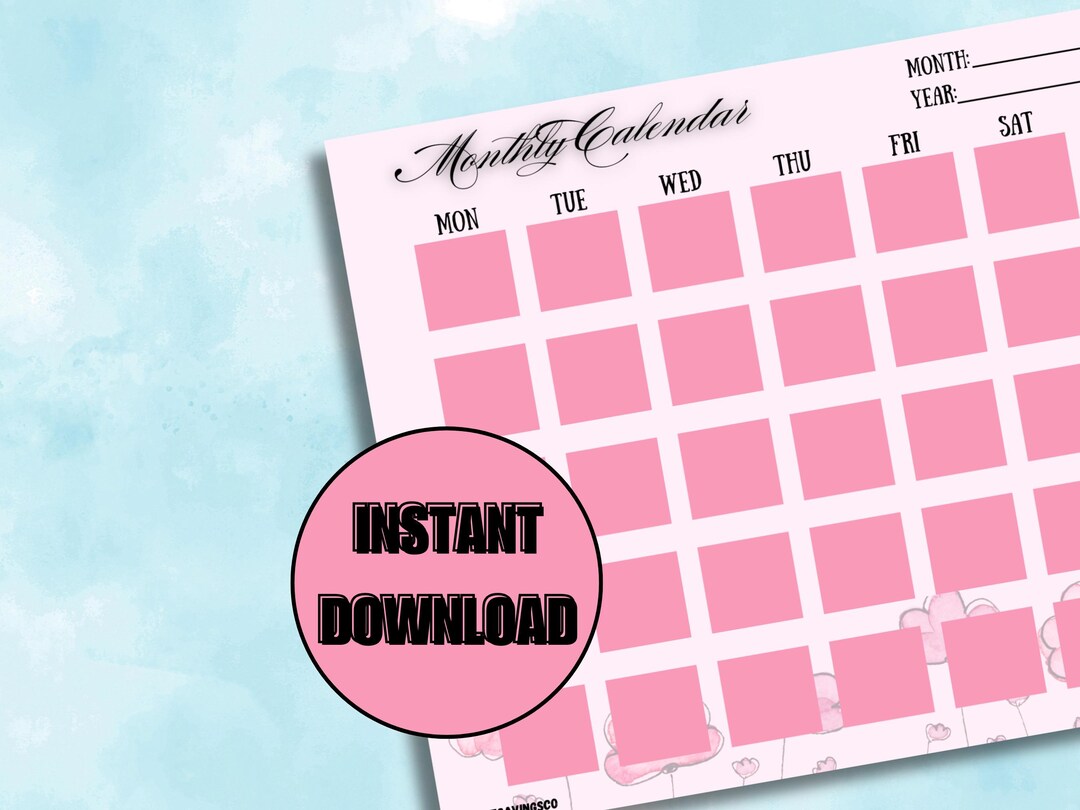 Customizable Monthly Calendar Printable: Undated Digital Planner (11x8 ...