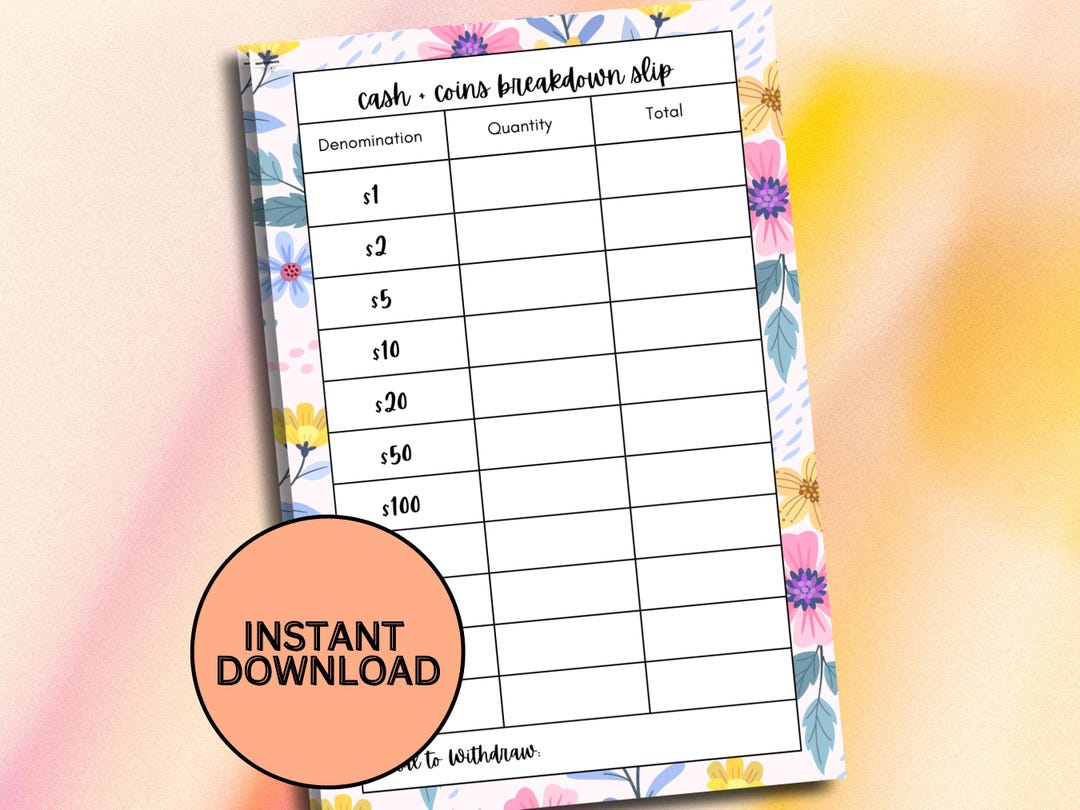Assorted Cash + Coins Breakdown Slips Bundle 12 PDF Organizers for Easy ...