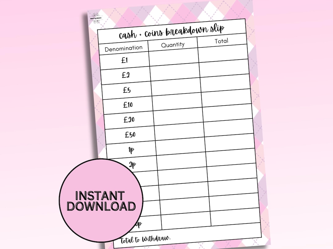 Cash Coin Breakdown Slip, Pastel Argyle Design (PDF) - Etsy