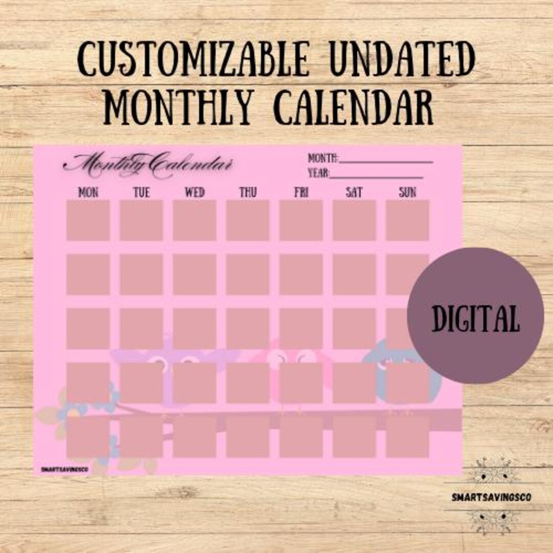 Customizable Undated Monthly Calendar Digital Printable Planner ...