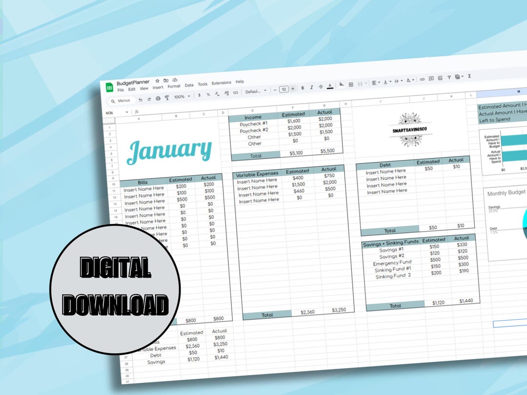 Monthly Budget Planner Spreadsheet: Personal Finance Tracker (digital ...