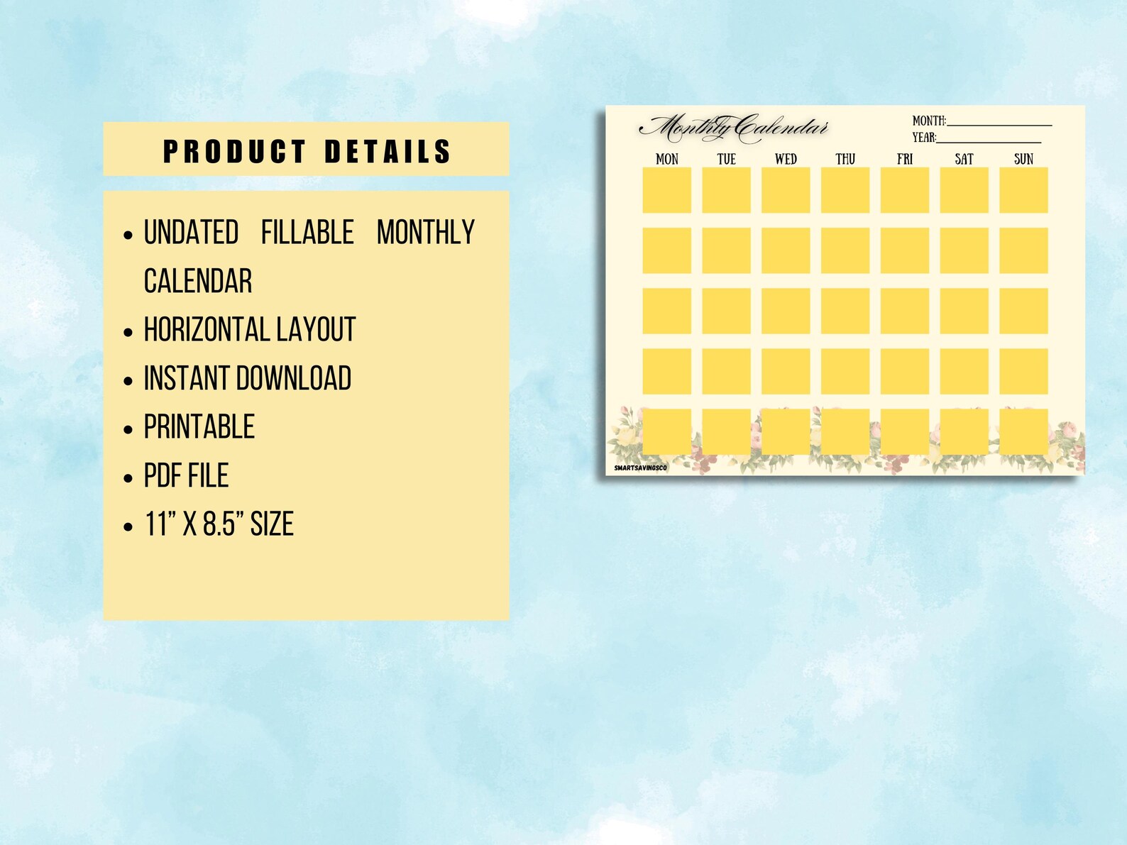 Customizable Undated Monthly Calendar: Printable Digital Planner (11x8 ...