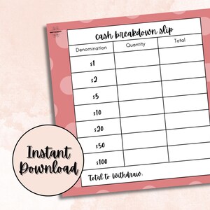 Cash Breakdown Slips: Bank Teller/cash Handling (digital Download) - Etsy