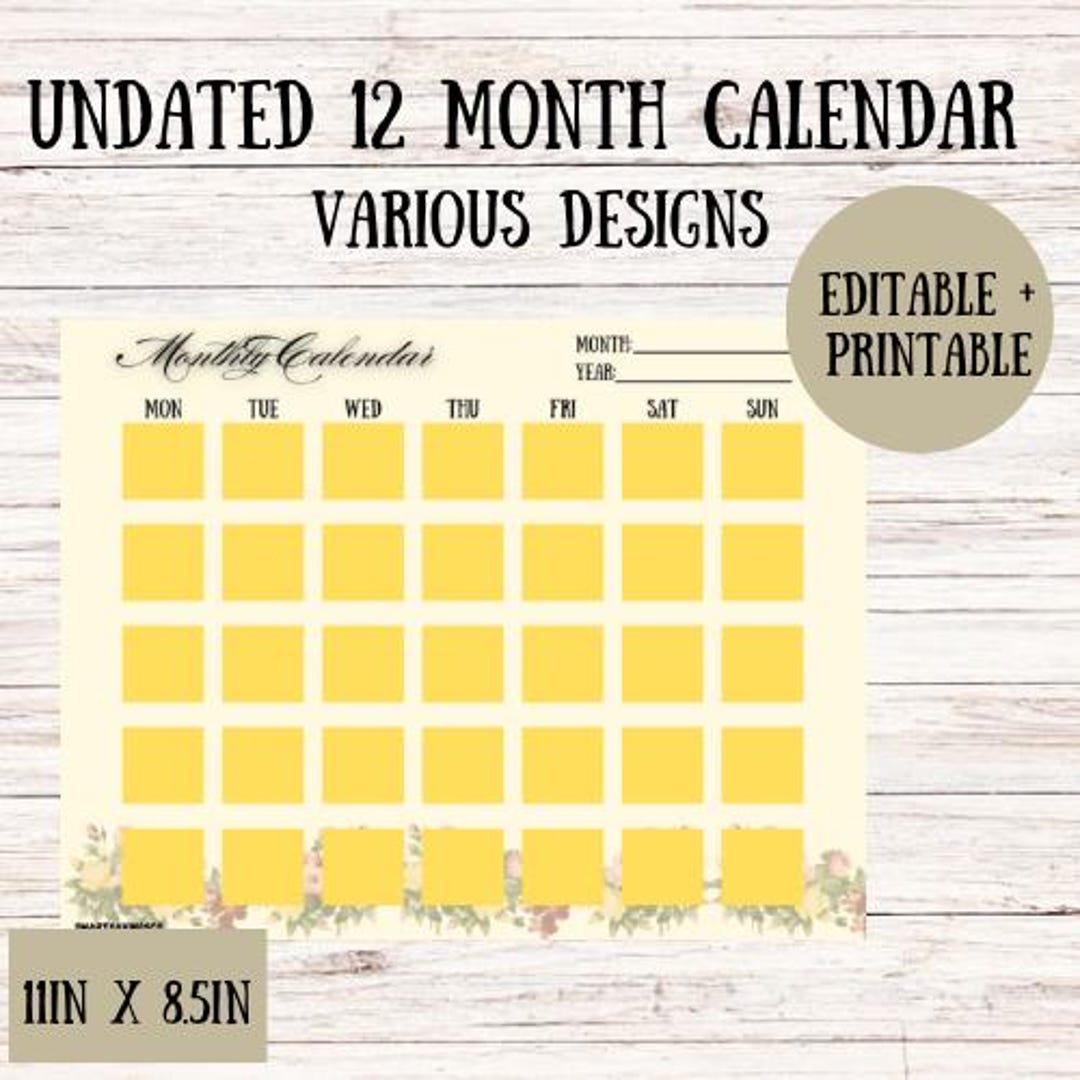 Undated Editable Printable Calendar, Printable Fillable Monthly ...