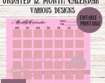 Undated Editable Printable Calendar, Printable Fillable Monthly ...