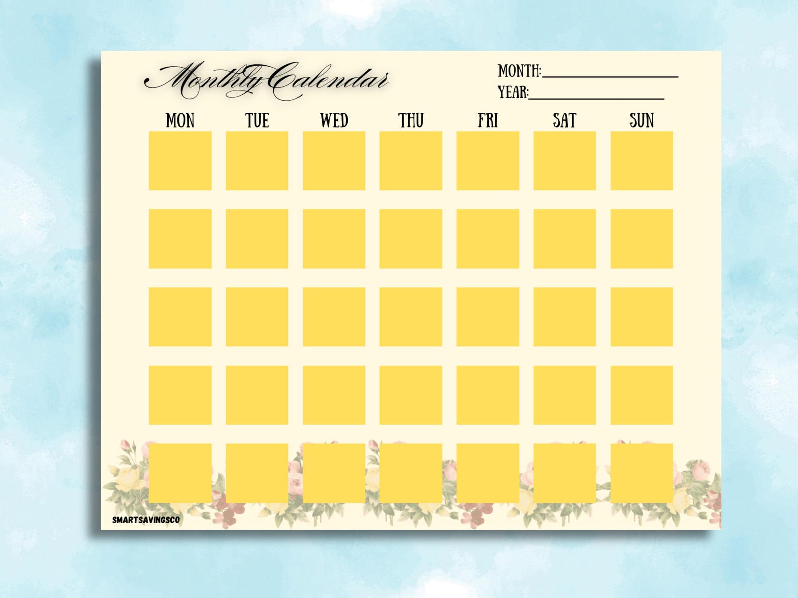Customizable Undated Monthly Calendar: Printable Digital Planner (11x8 ...