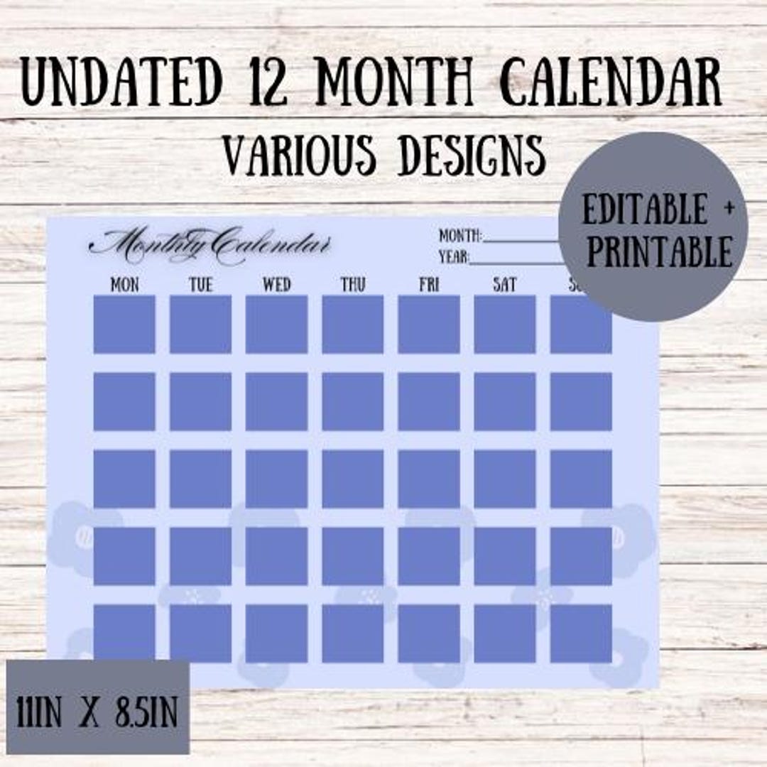 Undated Editable Printable Calendar, Printable Fillable Monthly ...