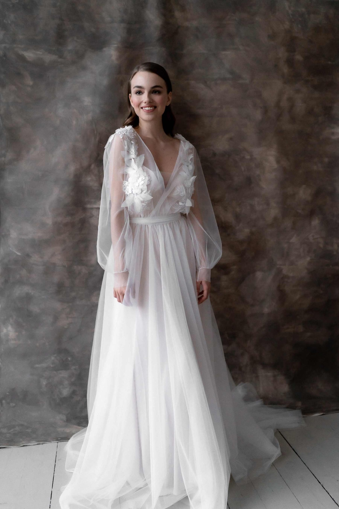 Ethereal Sheer Tulle Wedding Dress With 3D Floral Lace, Long Sleeves ...