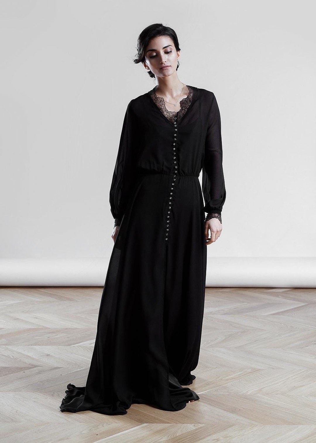 Black Boudoir Dress With French Lace Elegance for Bridal Mornings ...